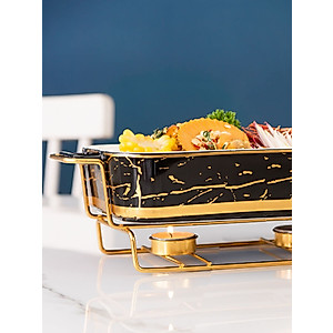 HONHPD Ceramics Chafing Dish Buffet Set, Marble Finish Chafing Dish, Rectangular Chafers for Buffet/Weddings/Parties/Banquets/Catering Events, Black (3 Piece Set）