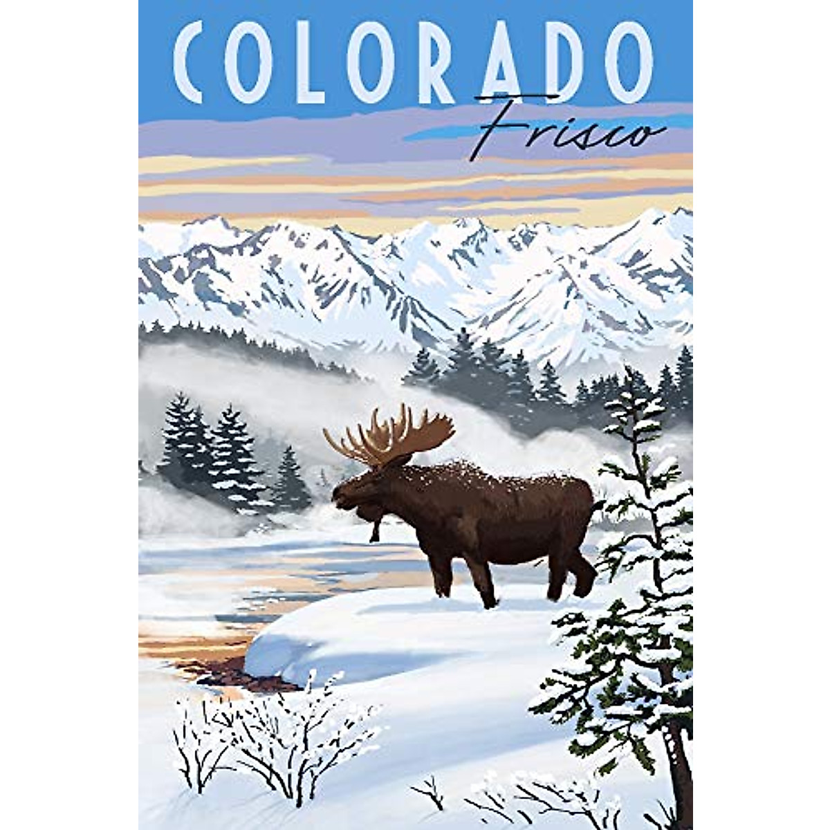 Frisco, Colorado, Moose, Winter Scene (24x36 Giclee Fine Art Print, Recycled Wood Frame, Espresso Brown)