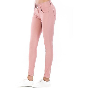 Women's Mid Rise Skinny Pencil Jeans Casual Slim Fit Butt Lift Denim Pants 2 Button Washed Stretch Jean Trousers (Pink,Large)