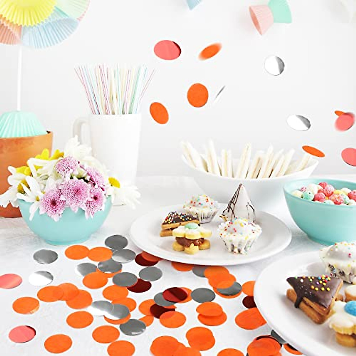 VCOSTORE Tissue Paper Confetti Circles - Round Confetti Dots，Large Table Confetti for Wedding Birthday Party Decoration and Gift Box decoration, 5000 pieces -Orange Red & Silver Mix Confetti