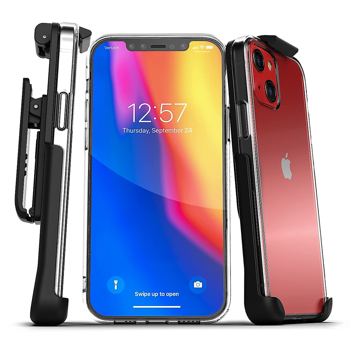 Encased Protective Clear Case with Clip - Designed for iPhone 13 Mini (2021) Transparent Phone Case with Belt Holster