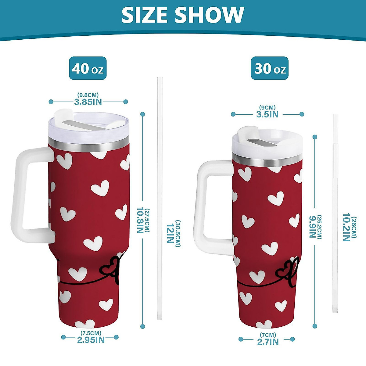 FLildon 30oz Tumbler with Handle and Straw Lid, Red Love Valentine's Day Insulated Coffee Mug Stainless Steel Water Bottle Leakproof Vacuum Travel Coffee Cup