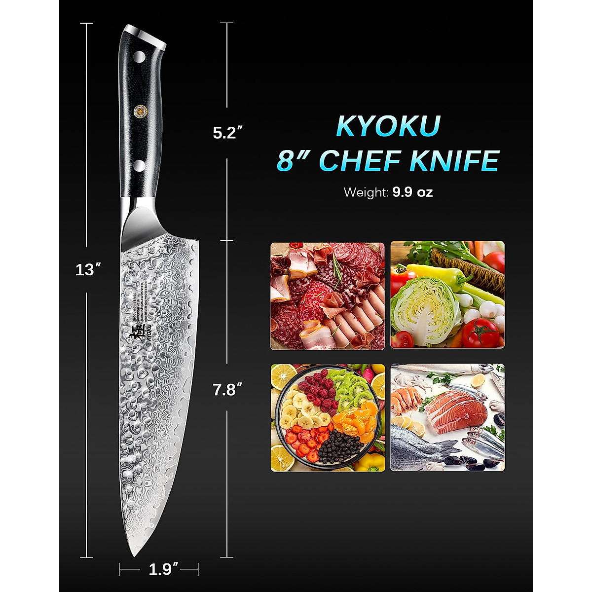 KYOKU Gin Series Chef Knife, 8" All Purpose Kitchen Knife, Japanese VG10 Damascus Stainless Steel Knife with Silver Ion Blade G10 Handle Mosaic Pin, Professional Knife for Meat Fruit Vegetables