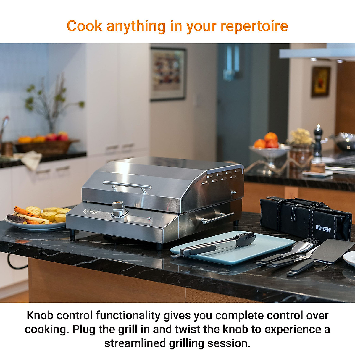 Kenyon G2 Portable Tabletop Electric Grill, 1440W Single Burner, Stainless Steel Body, Cast Aluminum Grate, UL Approved Grill For Indoor And Outdoor Use, Removable Lid, Dishwasher Safe, 120Volts