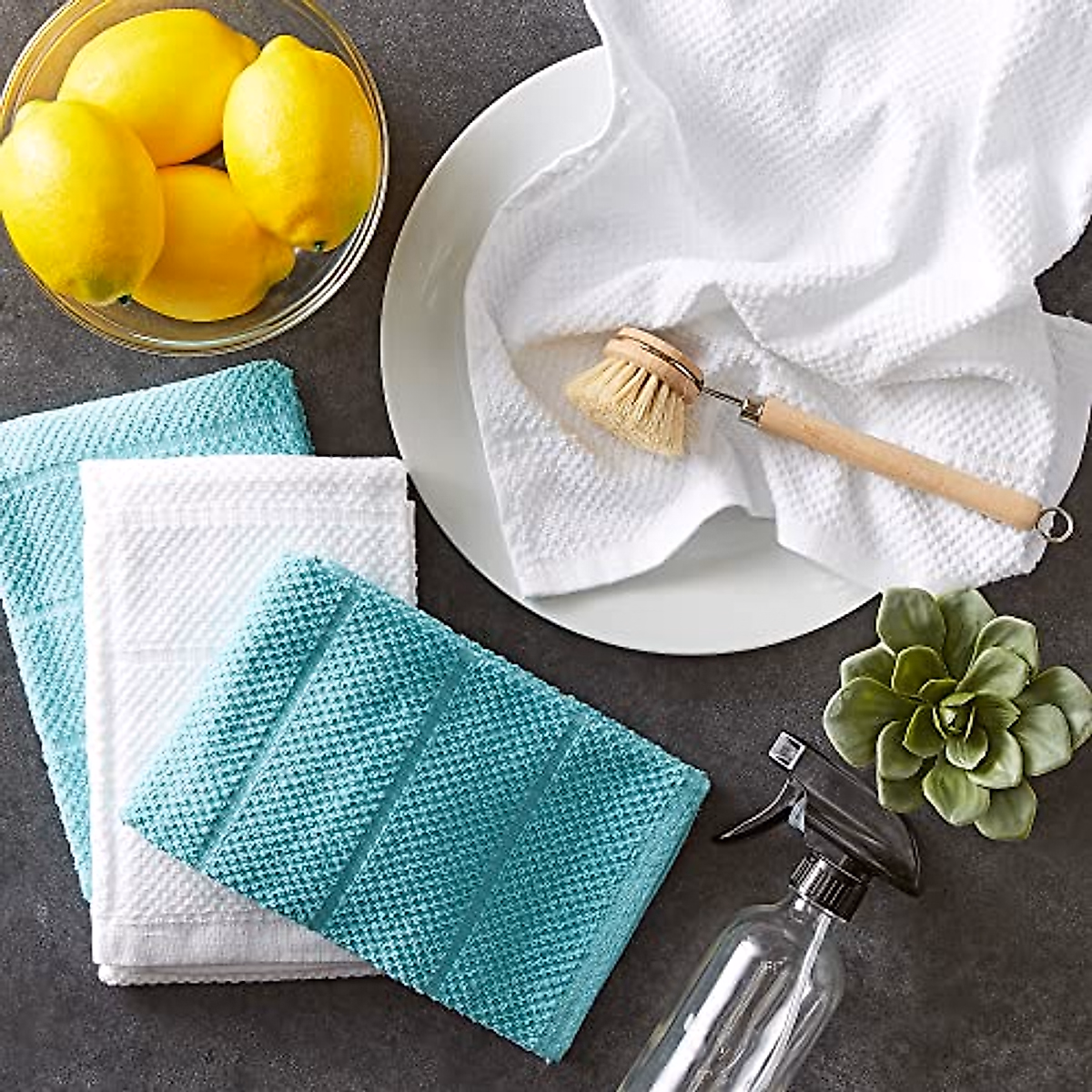 DII Basic Chef Collection, Assorted Terry Kitchen Towel Set, Dishtowel Set, Aqua, 4 Piece