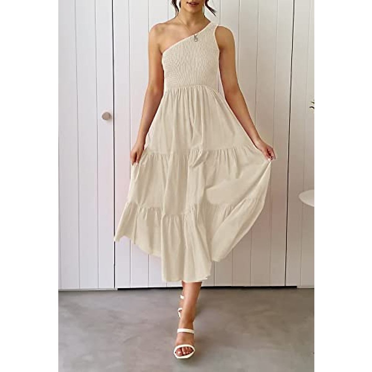 ZESICA Women's 2023 Bohemian Summer Floral Print One Shoulder Sleeveless Smocked Ruffle Tiered Beach Long Midi Dress,Beige,Large