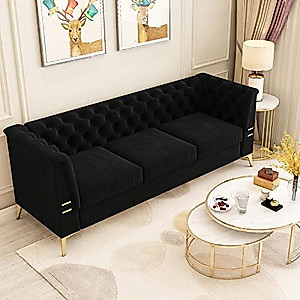 Gooamz Black Velvet Couch Sofa, 82 Inch Wide Modern Tufted Chesterfield Sofa with Flared Arms and Golden Metal Legs, Upholstered 3-Seater Sofa Large Comfy Couches for Living Room (Black)
