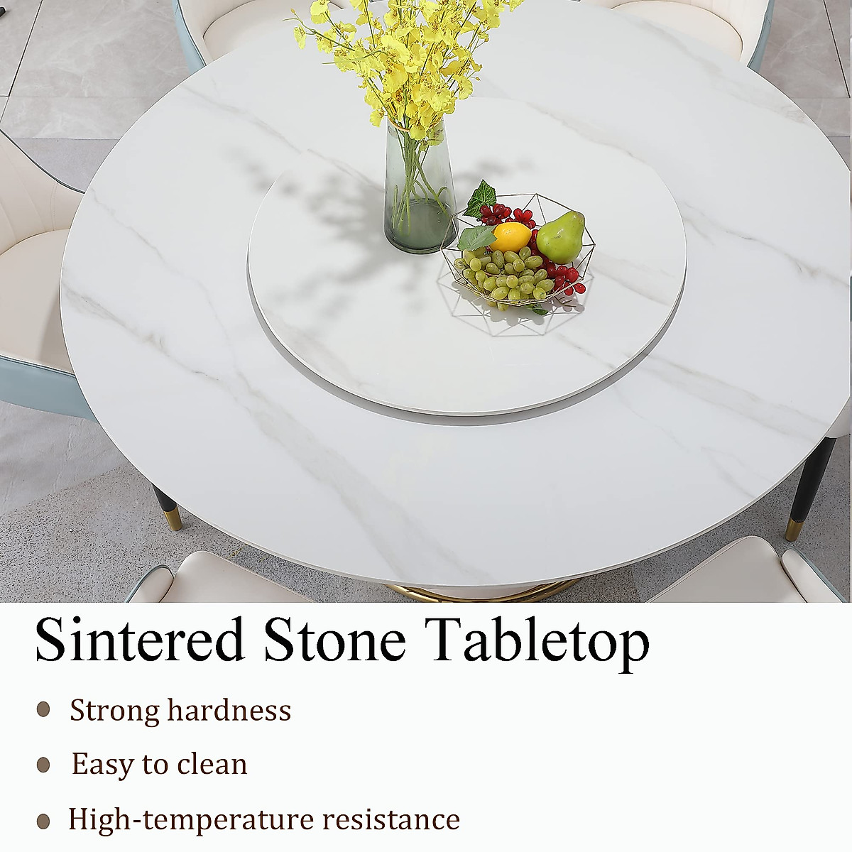 Runboll 59" Sintered Stone Round Dining Table with Detachable Lazy Susan Modern Dinner Table with 31.5" Round Turntable, PU Leather and Metal Pedestal(Not Included Chairs)