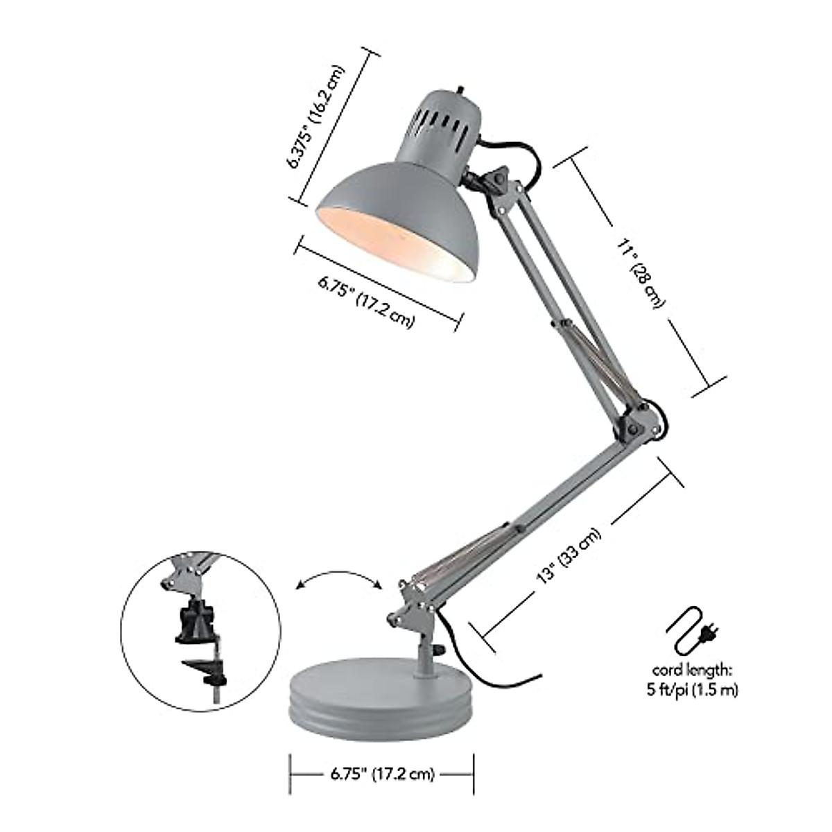 Globe Electric 56106 28" Spring Balanced Arm Desk Lamp, Matte Gray, On-Off Rotary Switch on Shade, Interchangeable Base and Clamp Arm Design, Home Décor, Desk Lamps for Home Office, Home Décor