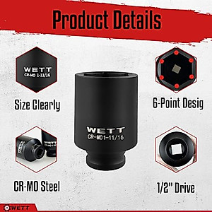 WETT 1/2" Drive Deep Impact Socket Set, 7-Piece Spindle Axle Nut 6 Point SAE Sockets Set, CR-MO, 1-3/8-Inch-1-3/4-Inch