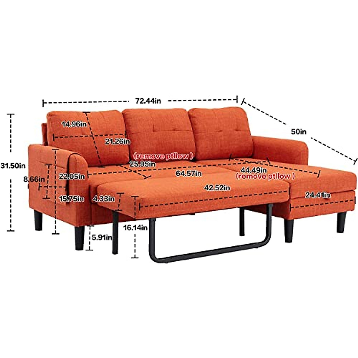 Hdxdkog L-Shaped Sectional Sofa with Pull-Out Bed 72" Sectional Sleeper Sofa Bed with Storage Chaise Lounge and Pocket, Upholstered Corner Couch for Living Room Home Office (Orange)