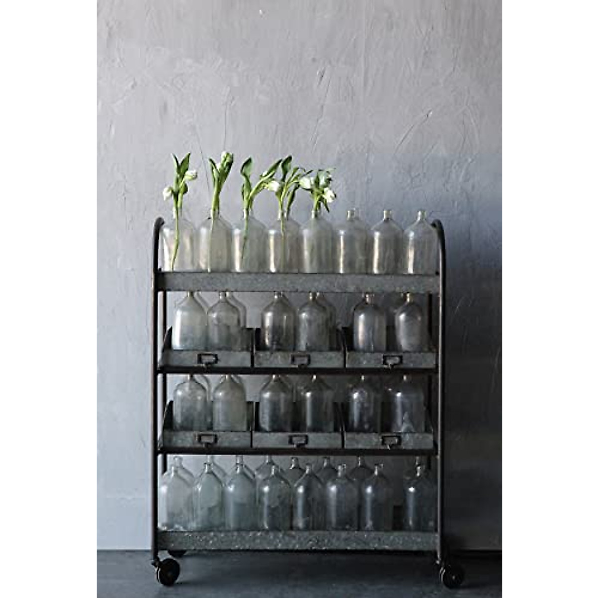 Creative Co-Op Metal 4 Tier Cart on Casters with 2 Open Shelves & 6 Bins,Grey