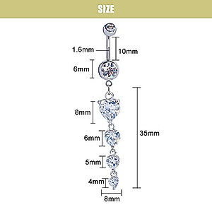 Mutreso Belly Button Ring Heart Zirconia Stones 14G Surgical Steel Dangle Navel Ring Body Piercing