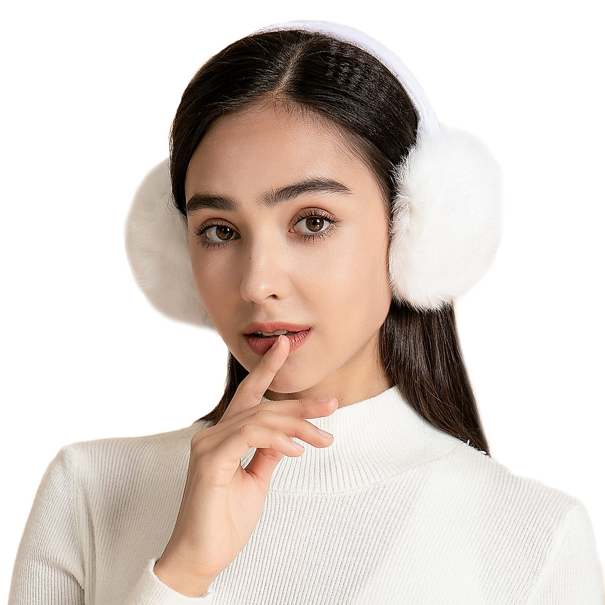 ZLYC Womens Girls Genuine Rabbit Fur EarMuffs Adjustable Ear Warmers, White