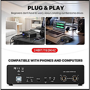 USB Audio Interface for PC, 2i2 Computer Audio Interface for Recording Music, Portable Interfaz de Audio Mixer for Studio Beginner Podcaster Guitarist (Audio Interface-Black)