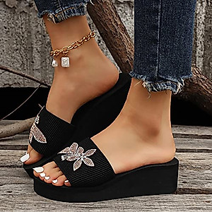 Coerni Nine Slippers Women Spring 2023 New European and American Fashion Rhinestone Butterfly Thick Bottom Large Wedge Heel Slippers (Black, 9)