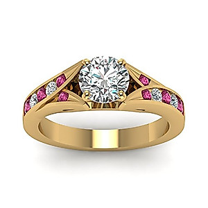 CustomizedGifts Channel Set Diamond Ring yellow gold plated Created Pink Sapphire Round shape Pink color Split Shank Engagement Ring channel Setting in Size 11 Handcraft Chakra Healing