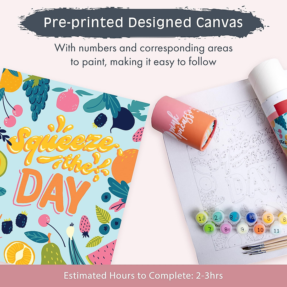 Pink Picasso Kits Self Care Collection Paint by Number for Adults & Beginners | DIY Unique 8x10 Canvas Painting Kits | Color by Numbers Arts Paint Canvas Best for The Young at Heart | Squeeze The Day