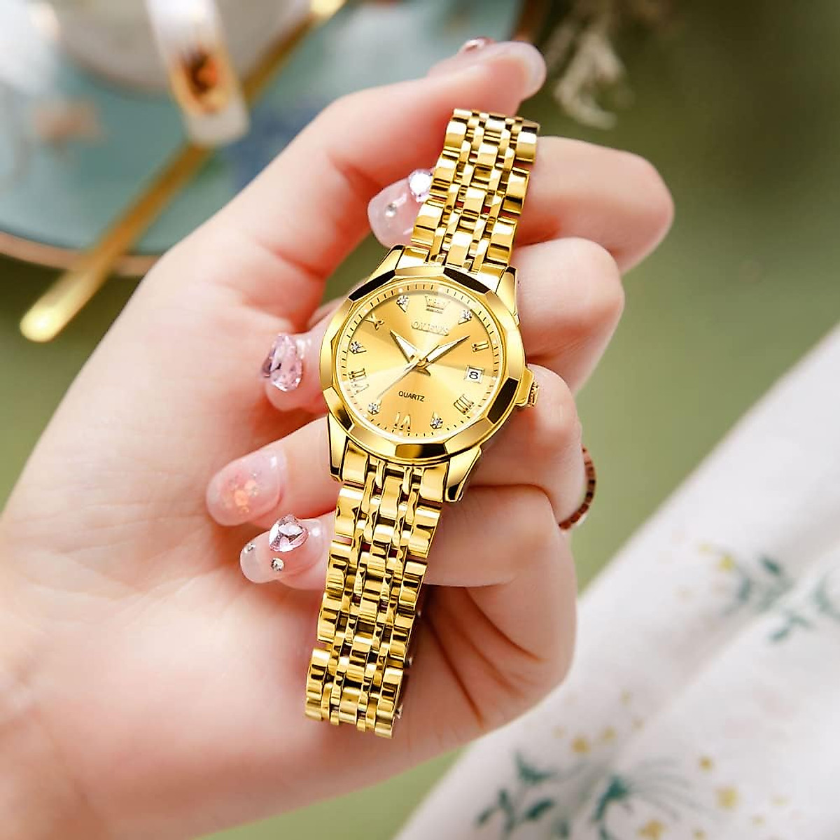 OLEVS Womens Watch Diamond Fashion Elegant Dress Wrist Watch Gold Stainless Steel Waterproof Luminous