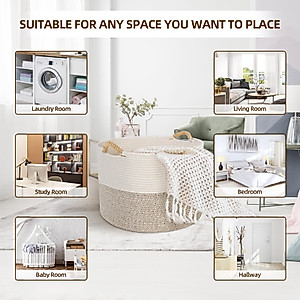 Large Cotton Rope Woven Laundry Basket (20"x14"), Blanket Basket for Living Room, Wicker Laundry Basket with Handle, Clothes Hamper, Round Storage Basket for Clothes, Hamper for Bedroom Aesthetic