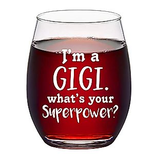 I'm A Gigi What's Your Superpower Wine Glass, Stemless Wine Glass 15Oz for Grandma, New Grandma, Grandma to be - Unique Idea for Birthday, Christmas, Mother's Day