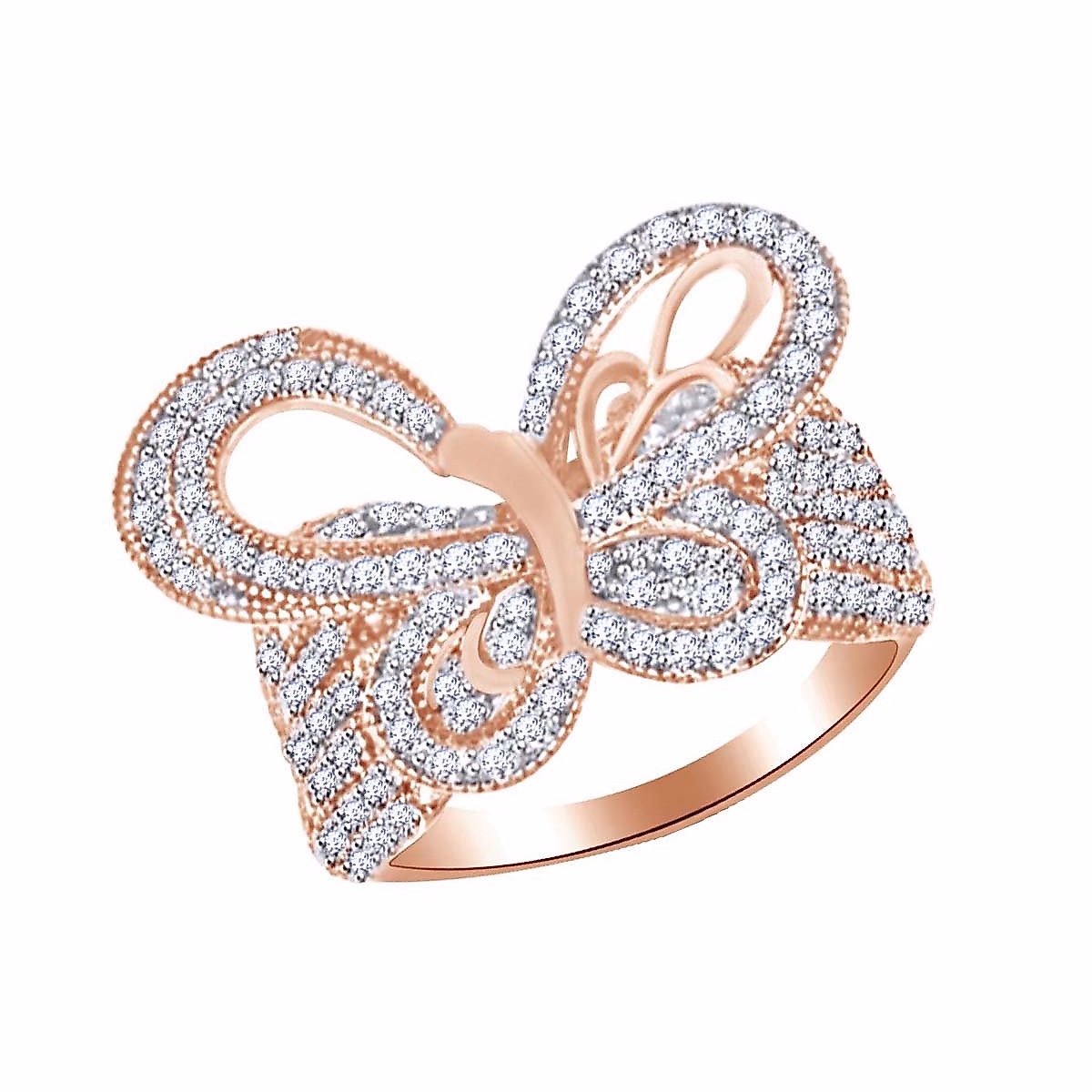 AFFY Round Cut White Cubic Zirconia Butterfly Fashion Ring in 14k Rose Gold Over Sterling Silver (2.19 Cttw) Ring Size-7