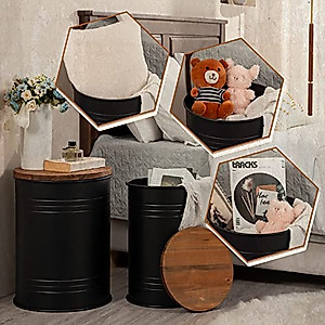 BRIAN & DANY 2 Pack Farmhouse Accent Side Table, Rustic Storage Ottoman Seat Stool with Round Wood Lid, Galvanized Metal Storage Bin for Living Room Furniture, Black