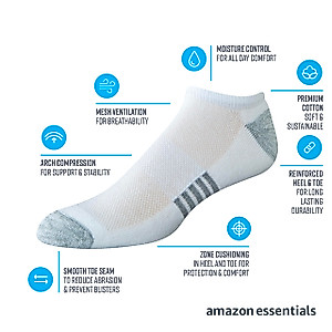 Amazon Essentials Men's Performance Cotton Cushioned Breathable Athletic No-Show Sports Socks, 6 Pairs, Black, 6-12