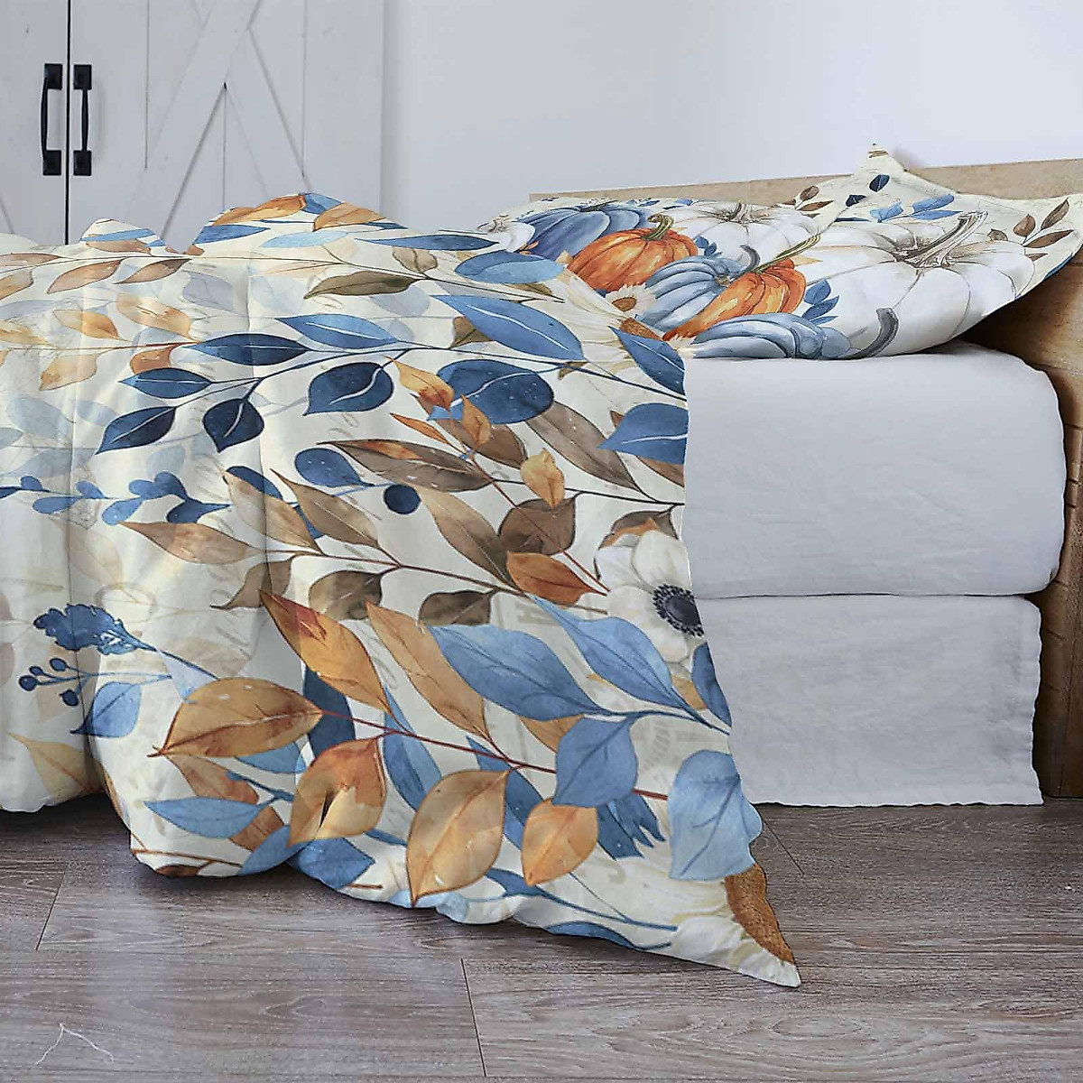 DecorLovee Fall Blue Pumpkins Duvet Cover Set 3 Pieces, Thanksgiving Orange Gray Botanical Rustic Bedding Sets 1 Duvet Cover & 2 Pillow Cases, Comforter Cover Set Duvet Cover California King