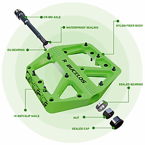 BUCKLOS Mountain Bike Pedals MTB Pedals Flat, Bicycle Road Bike Adult Large Platform Pedal with Non-Slip Grips for Gravel/Ebike/Hybrid Bikes/Beach Cruiser(9/16 Nylon Green)