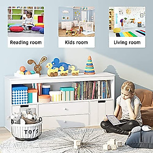 Timy Toy Storage Organizer with 2 Drawers, Wooden Toy Organizer Bins, Kids Bookshelf for Reading, Storing, Playing, White