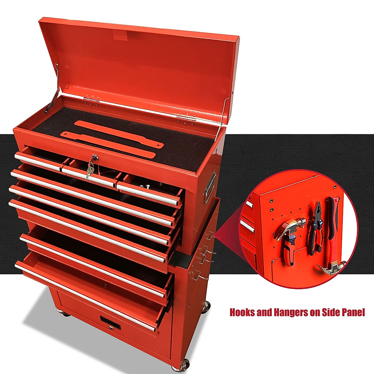 JD Trading 8-Drawer Rolling Tool Chest 2 in 1 High Capacity Tool Box Detachable Organizer Tool Storage Cabinet with 4 Wheels & Lockable Lined Drawers for Garage Warehouse Workshop (Red)