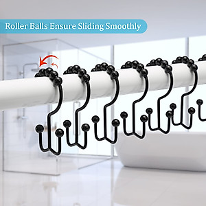 Shower Curtain Rings, OEH Shower Curtain Hooks, Rust-Resistant Metal Black Shower Curtain Rings, Double Shower Curtain Hooks for Bathroom Shower Curtain & Shower Liner, Set of 12, Black