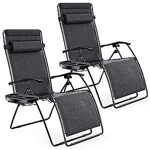 Keten Zero Gravity Chair, Patio Folding Lounge Chair Recliners, Adjustable Lawn Lounge Chair with Pillows Replacement Cords Cup Holders for Backyard Poolside Beach Set of 2(Black)