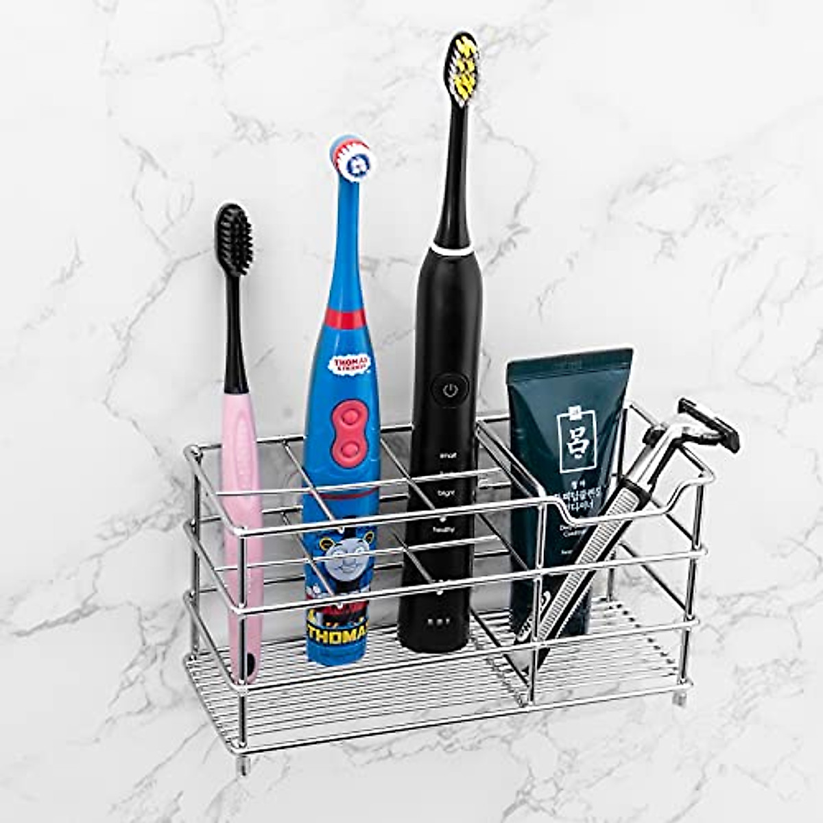 CGBE Toothbrush Holders, 7 Slots Electric Toothbrush Holder Wall Mounted Stainless Steel, Large Toothbrush Holders for Bathrooms, Shower Toothbrush Holder with Hanging Self Adhesive Hook-Sliver