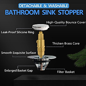 Bathroom Sink Drain Stopper | Upgraded Sink Strainer Basin Pop Up Drain Filter Plug with Anti-Clogging Hair Catcher for Bath Tub, Fits 1.34-1.96” Drain Hole