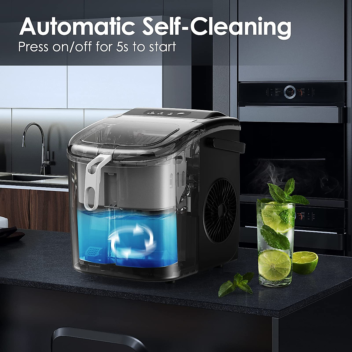 FREE VILLAGE Countertop Ice Maker, Portable Ice Maker w/Handle, 6 Mins 9 Pcs Ice, 26 lbs Ice/24Hrs, Self-Cleaning, w/Ice Bags, Scoop & Basket, Ice Machine for Home/Kitchen/Office/Party, Black