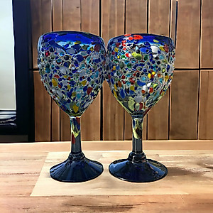 Set of 2 Handblown Pebbled Texured Wine Glass,100% Made in Mexico