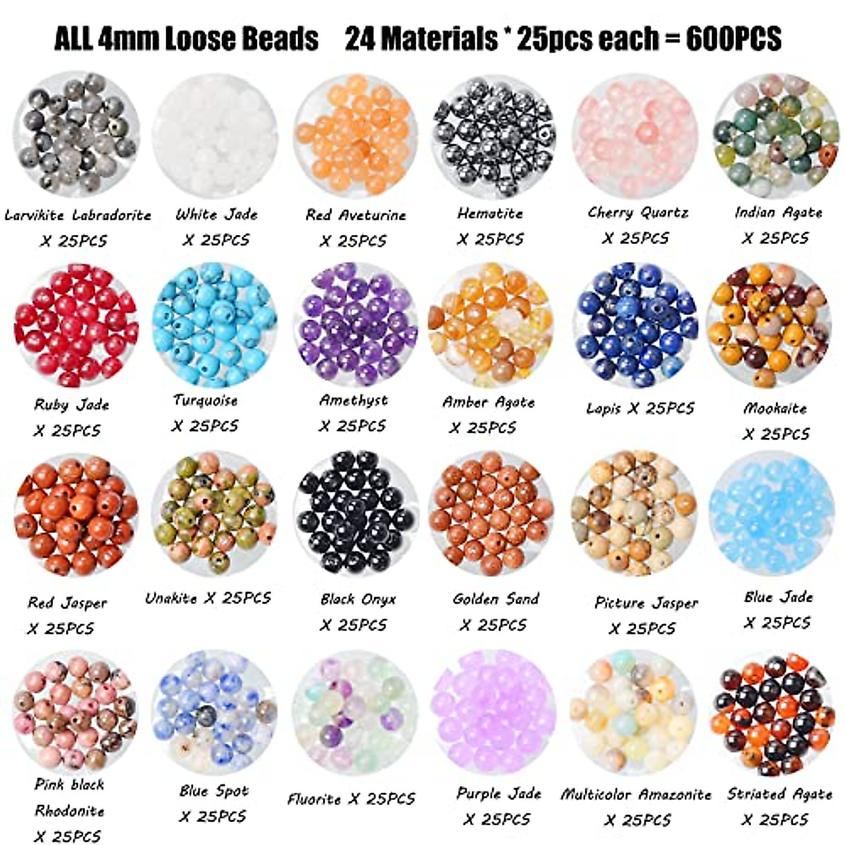 4mm Natural Mixed Materials Gemstones Beads Tiny Spacer Round Loose Beads Jewelry Making KIT with Thread and Needles 600 PCS(24 Natural, 4mm)