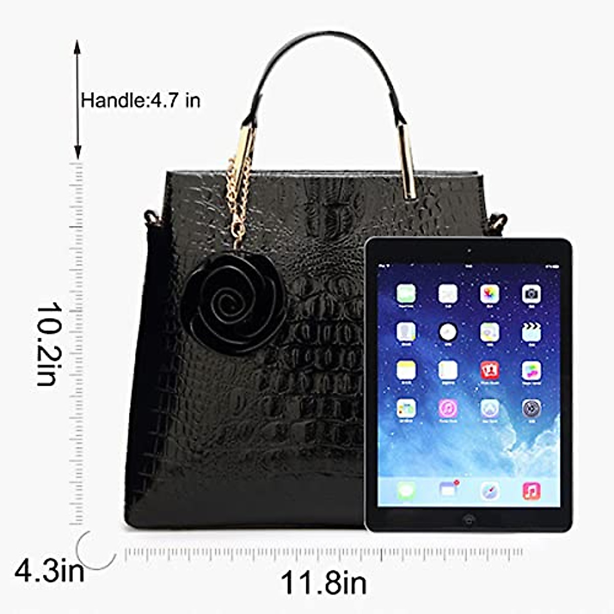 XingChen Shiny Patent Leather Women Handbag Crocodile Pattern Shoulder Bag Flower Pendant Top Handle Tote Satchel Purse Black