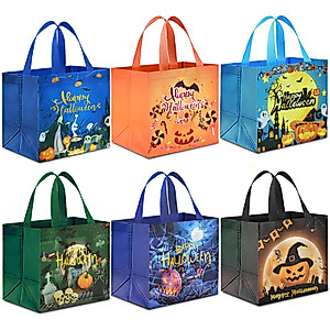 AhfuLife 6 Pcs Halloween Trick or Treat Bags, Halloween Candy Tote Bags with Handles, Reusable Halloween Non-Woven Gift Bags for Halloween Party Supplies Favors (7.8×7.8×5.9’’)
