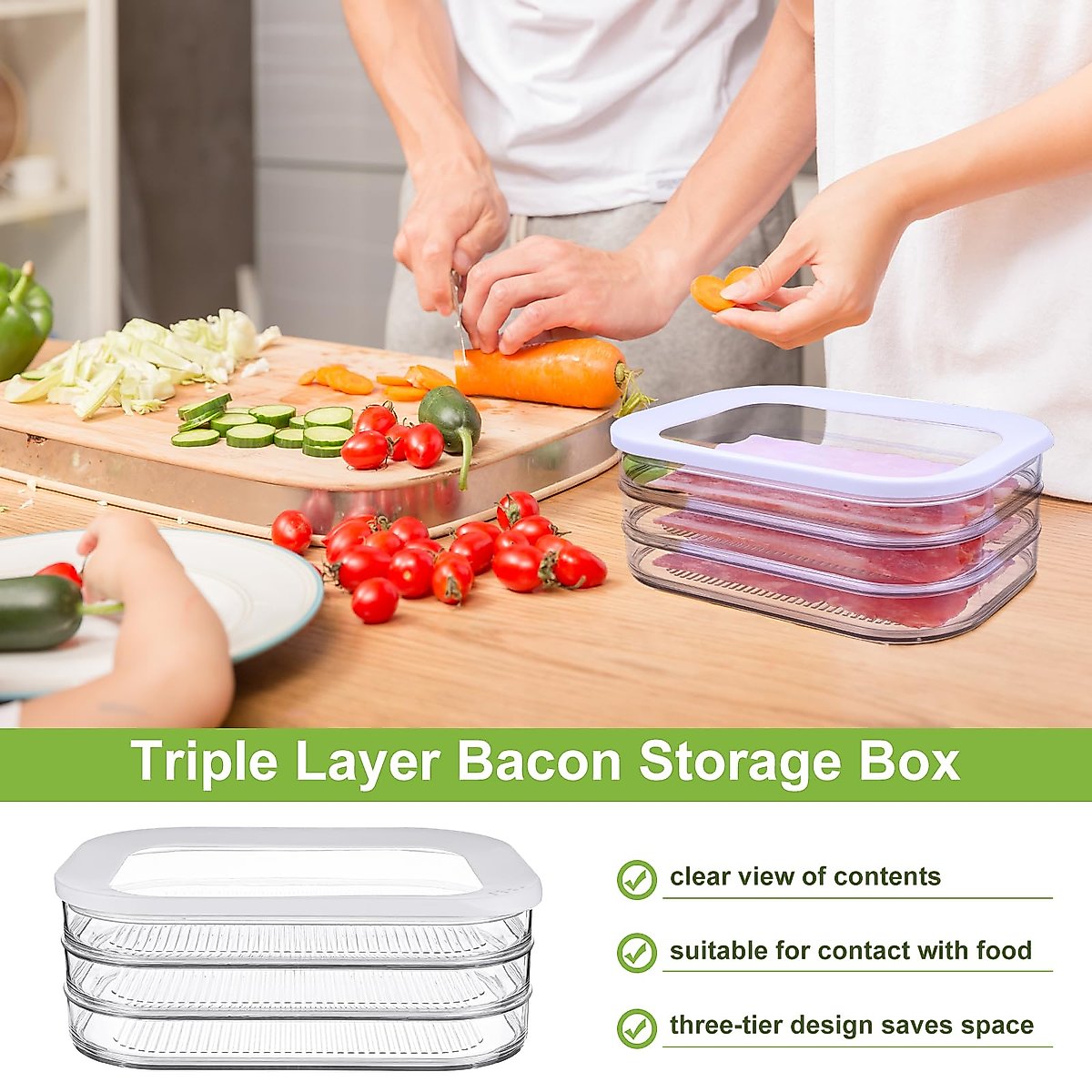 JolliKids 2 Pack Deli Meat Container for Fridge, Organizer Bacon Containers for Refrigerator, Stackable Food Storage Boxes with Lids and Food Tongs for Lunchmeat, Cold Cuts, Salami, BPA Free