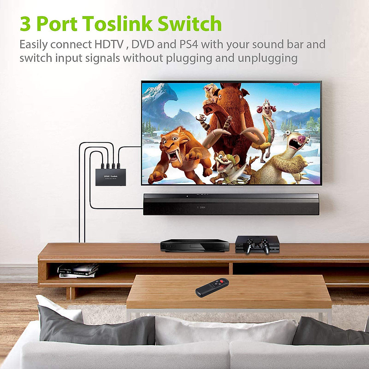 LiNKFOR Digital Toslink Optical 3x1 Switch with 3ft Optical Cable and IR Remote Control Aluminum Alloy Digital Audio SPDIF Toslink Optical Fiber Switcher 3 in 1 Out for PS3 Xbox Blue-Ray DVD HDTV