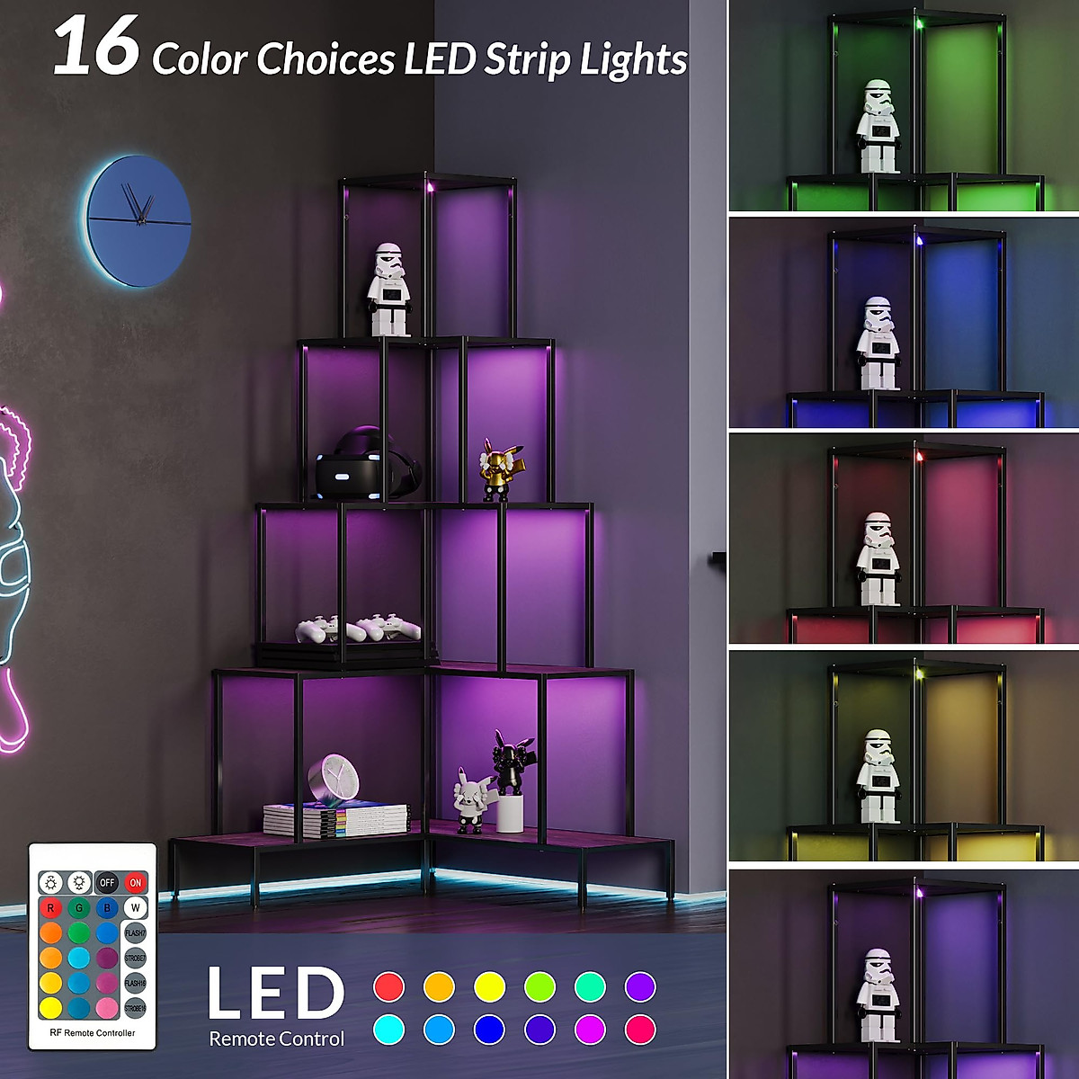 BELLEZE 5-Tier Corner Bookshelf with RGB Lights and Remote, 66" Tall L-Shaped Corner Bookcase, Storage & Display Rack for Living Room, Courtyard, Home Office - Gray