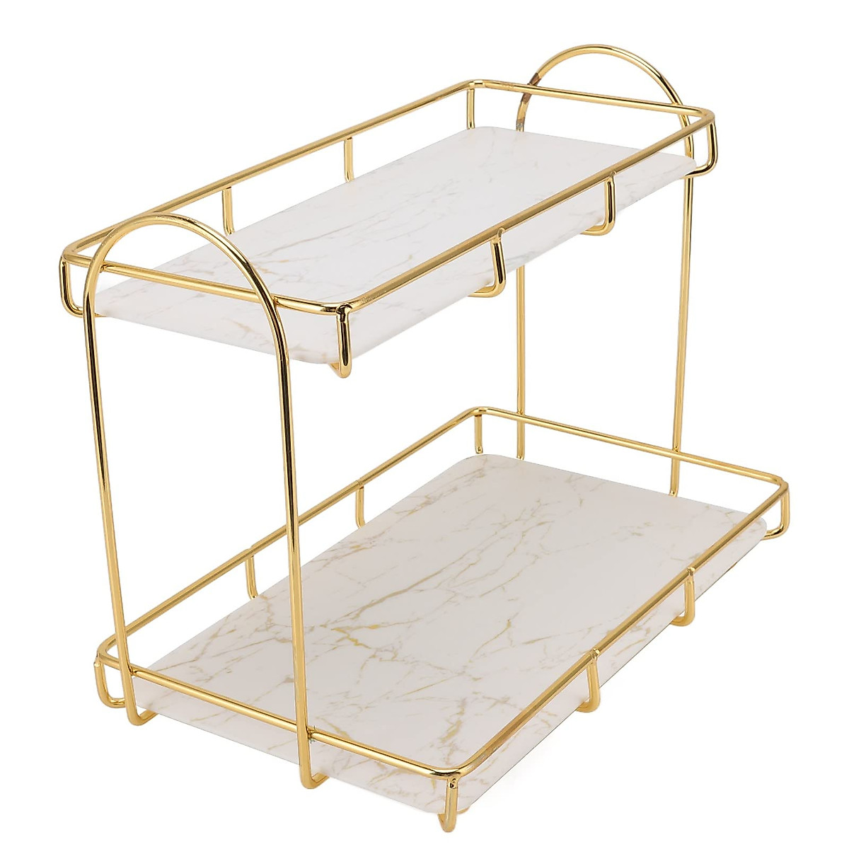 VINGVO 2 Tier Cosmetic Storage Shelf, Iron Metal Makeup Organizer Countertop Rack Gold Perfume Display Organizer Waterproof Dresser Storage Shelf Rack Marble Tray for Bathroom Bedroom
