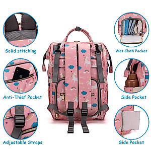LEQUEEN Diaper Bag Backpack, Unicorn Multifunction Travel Back Pack Maternity Baby Changing Bags (Pink)