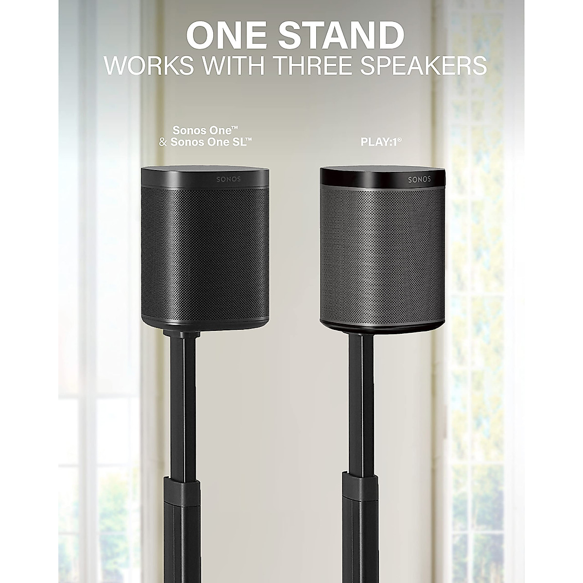 SANUS Adjustable Height Wireless Speaker Stands Designed for Sonos One, One SL, and Play:1 - Tool-Free Adjustment up to 16" and Built-in Cable Management (Black)