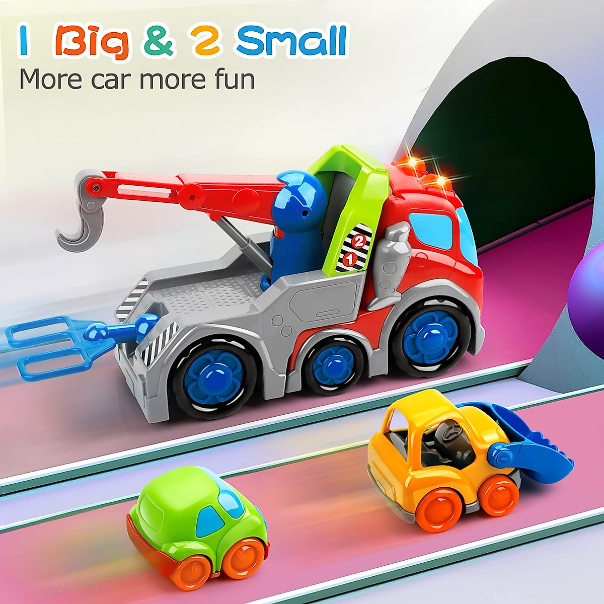 Yeedie 12 Inch Big Tow Truck with Hook and Bulldozer Car for Toddler Boys Girls, Friction Power Car Construction Toys with Sound & Light for Kids Birthday
