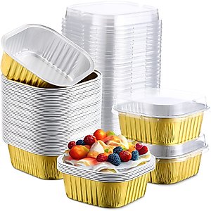 150 Pieces 10 oz Disposable Baking Cake Pan with Lids Valentine's Aluminum Foil Baking Cups Cupcake Cup for Pudding Desserts Baking Freezer-Safe Valentine's Wedding Party(Gold)