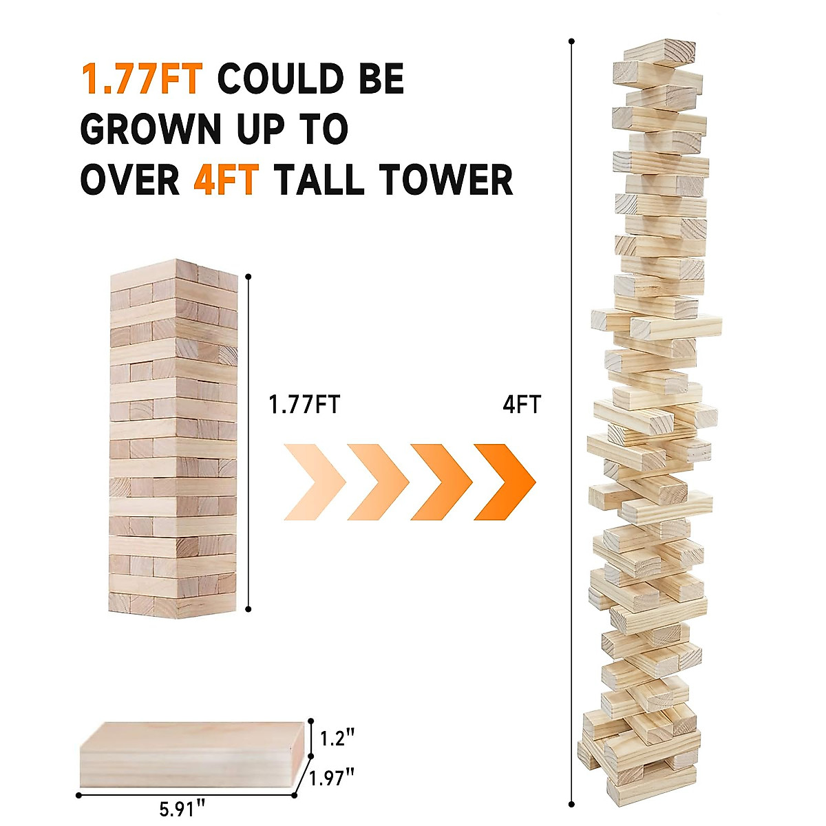 SHAREWIN Giant Tumbling Tower (Stack from 1.77Ft to 4+ Ft), Wood Stacking Giant Blocks Game| Made from Premium Pine Wood| Ideal for Family, 54PCS